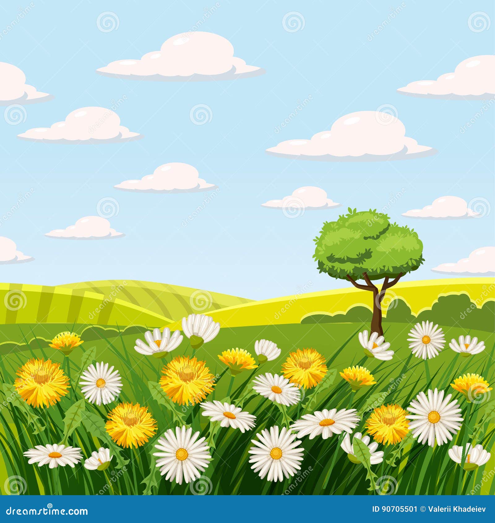 Spring Landscape, Farm, Fields, Meadows, Daisies and Dandelions Stock ... Spring Landscape, Farm, Fields, Meadows, Daisies and Dandelions Stock ...