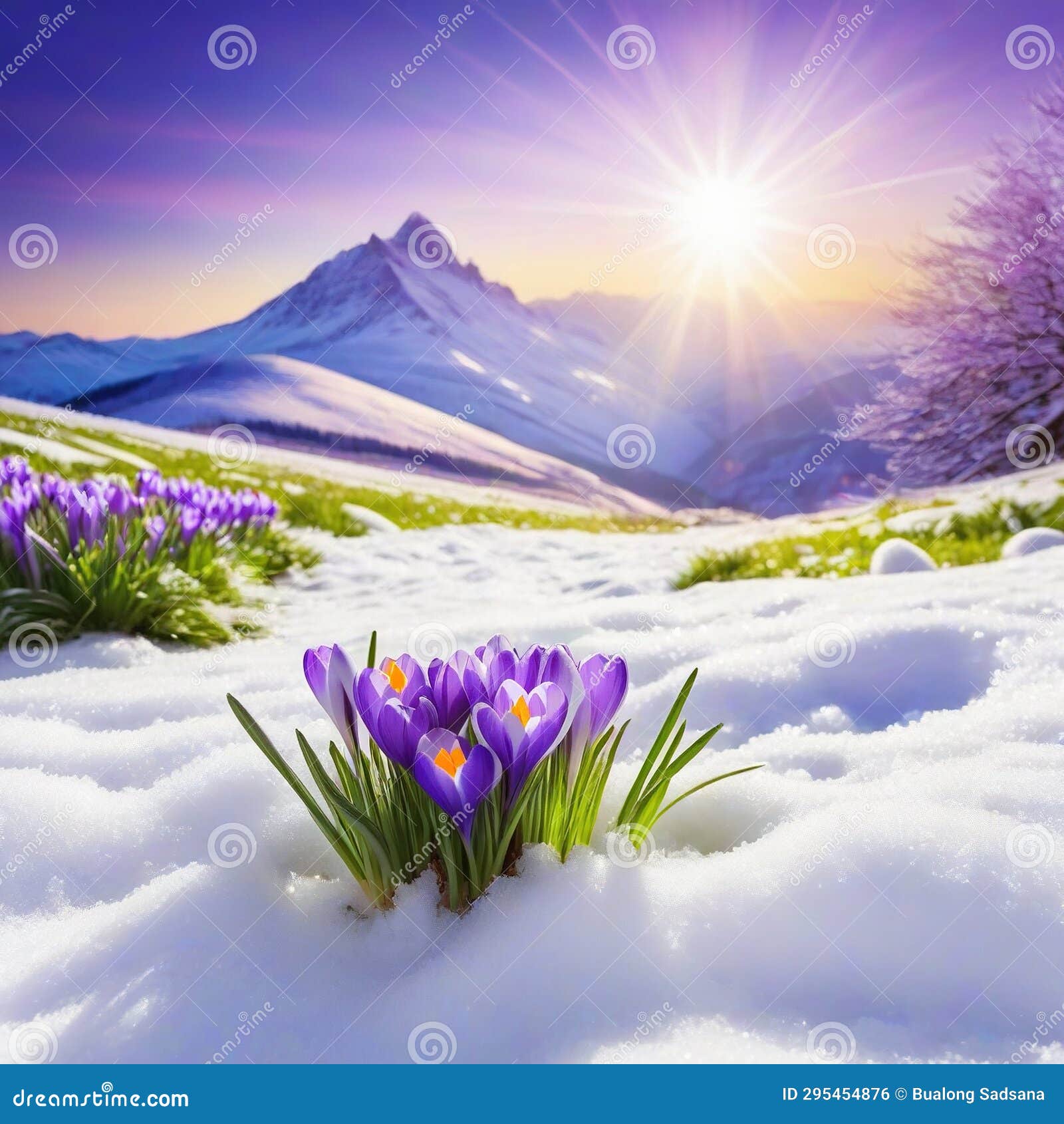 Spring Landscape with First Flowers Purple Crocuses on the Snow in ...