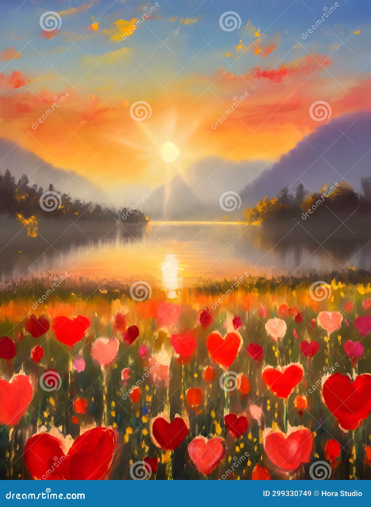 Spring Landscape with Flower and Heart, Valentine Concept Stock ...