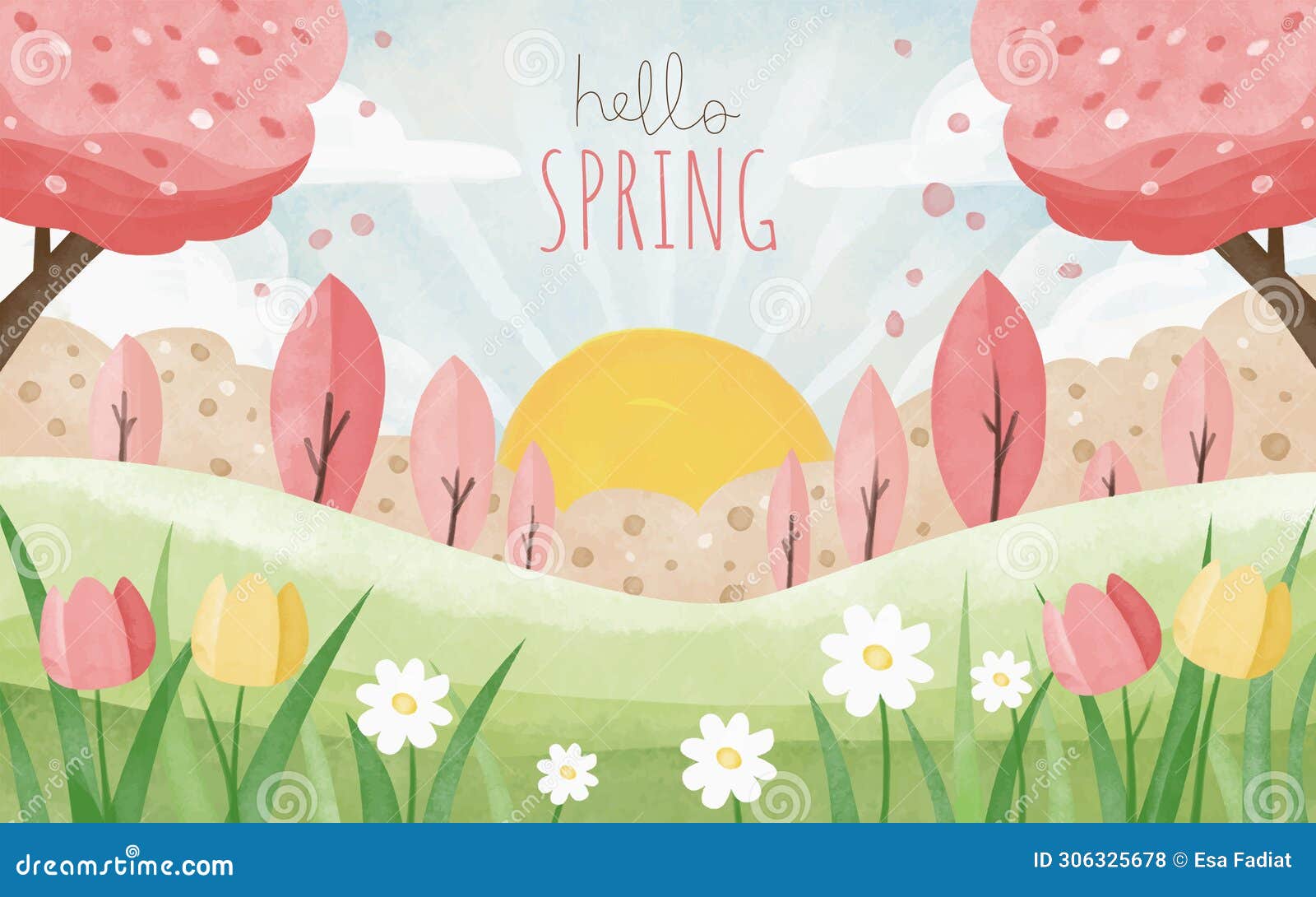Spring Landscape with Flowers and Sun in the Sky. Watercolor Vector ...