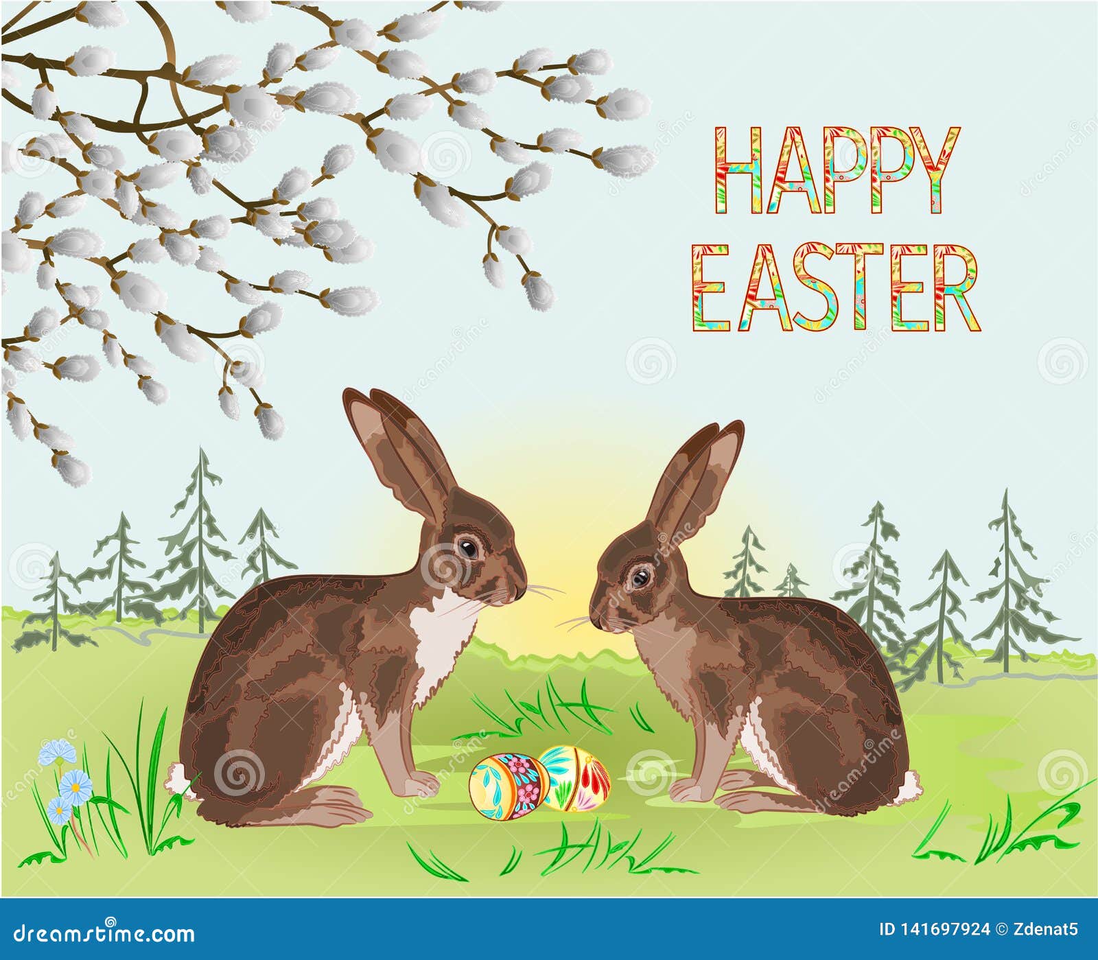 Spring Landscape Forest Easter Hares and Easter Eggs in the Grass with ...