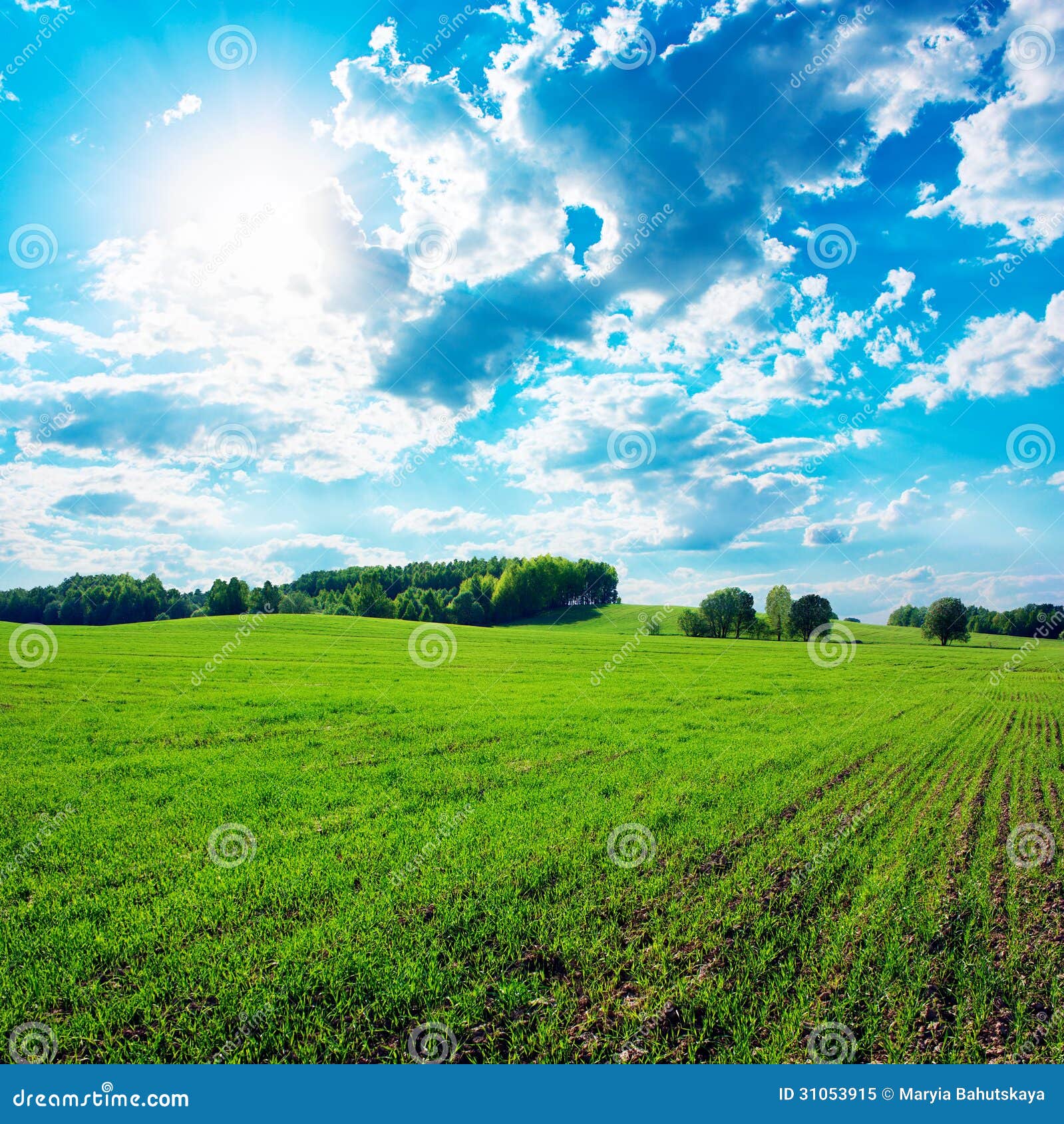Spring Landscape with Green Field and Clouds Stock Image - Image of ...
