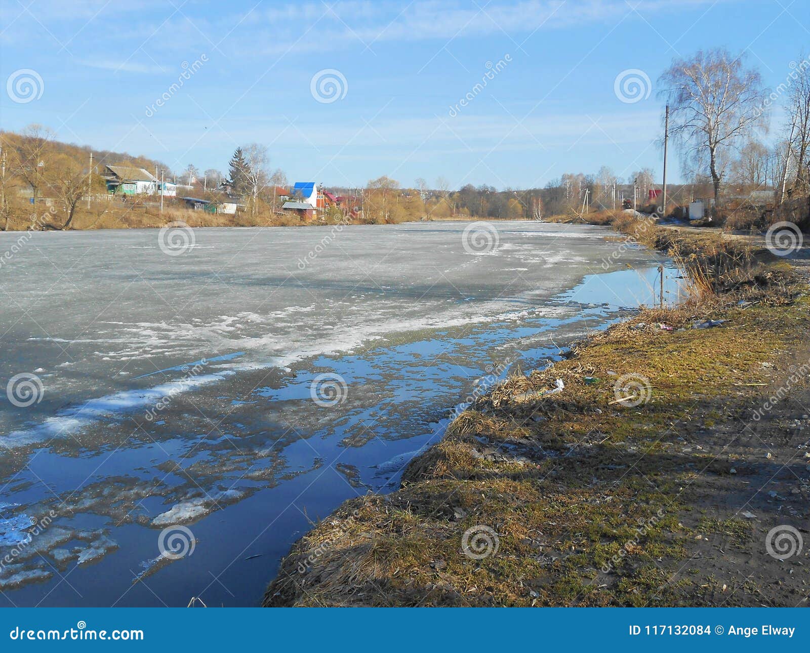 Spring Landscape with Rural Icy Pond. Stock Photo - Image of edge ...