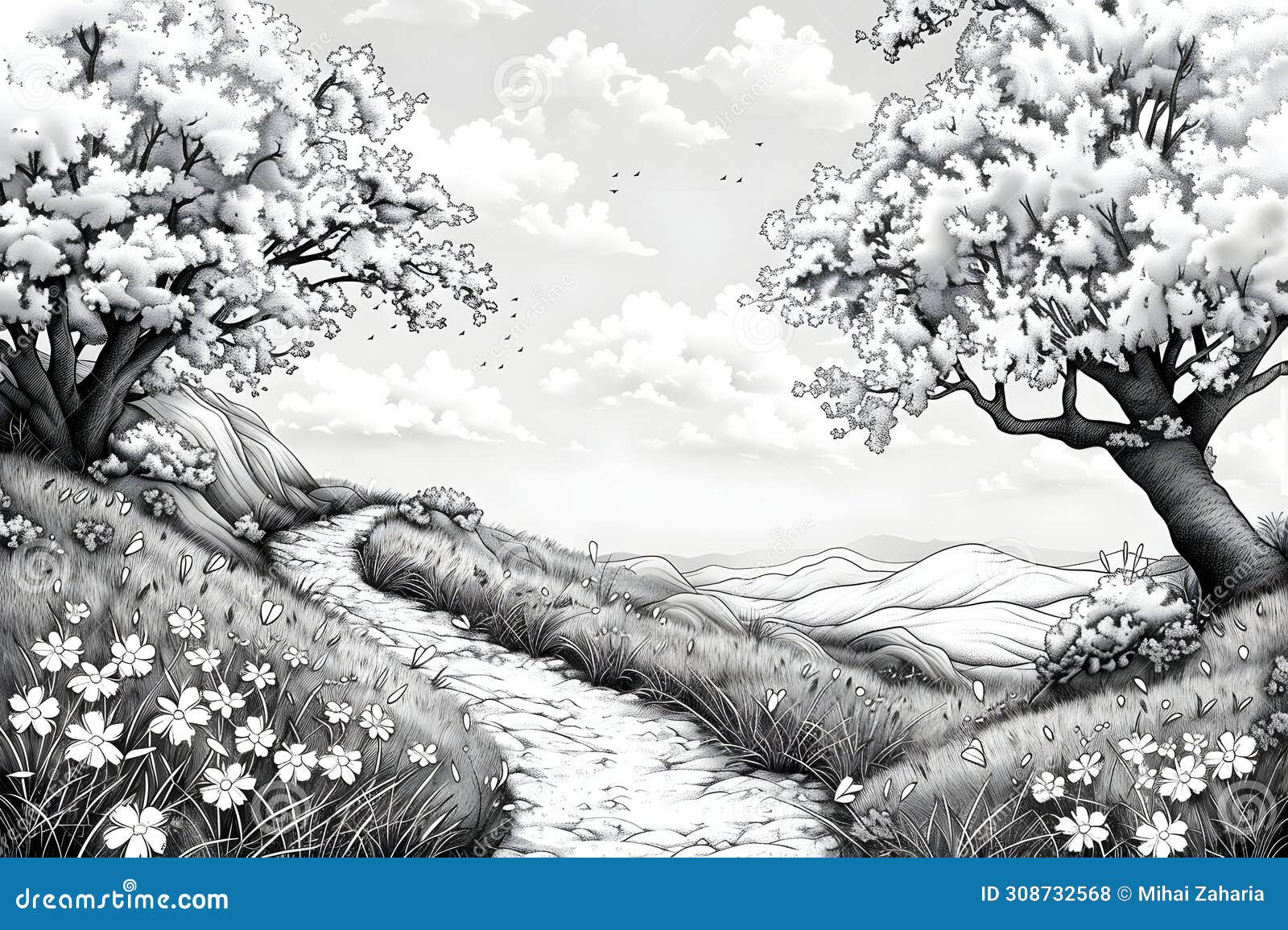 Spring Landscape Illustration. Ink Drawing on White Paper Stock ...