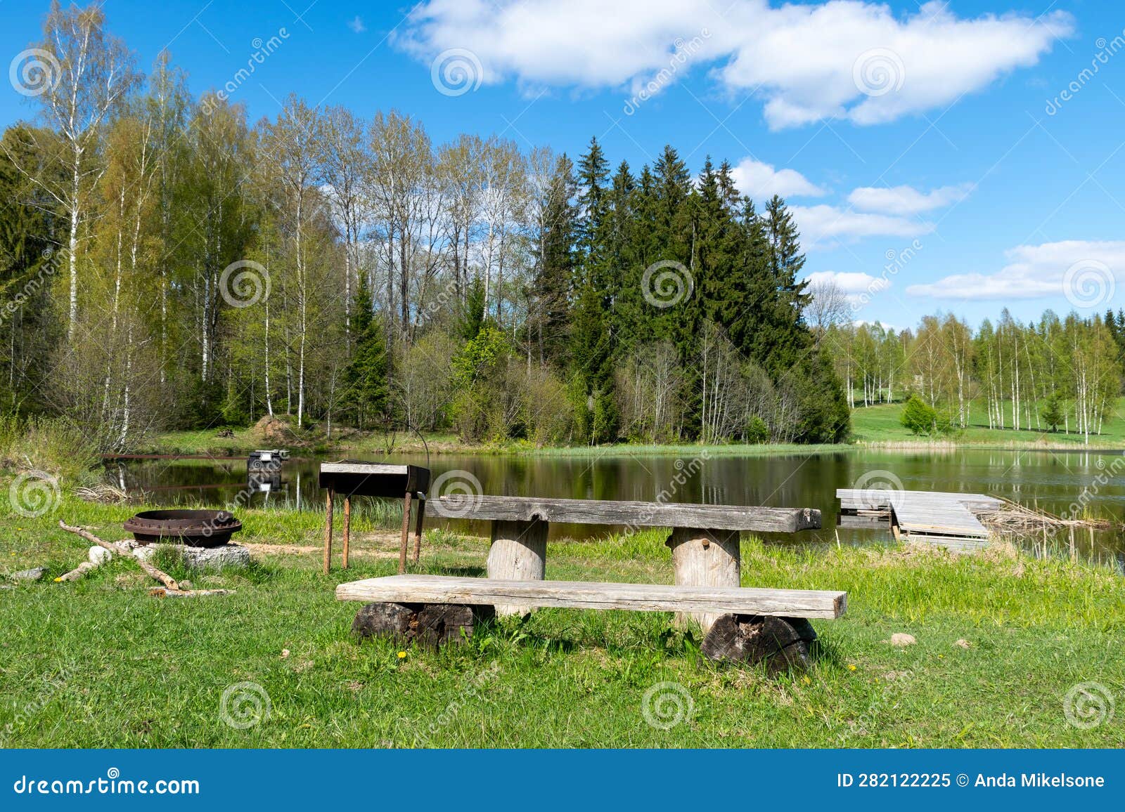 Spring Landscape with a Lake, the First Bright Green of Spring ...