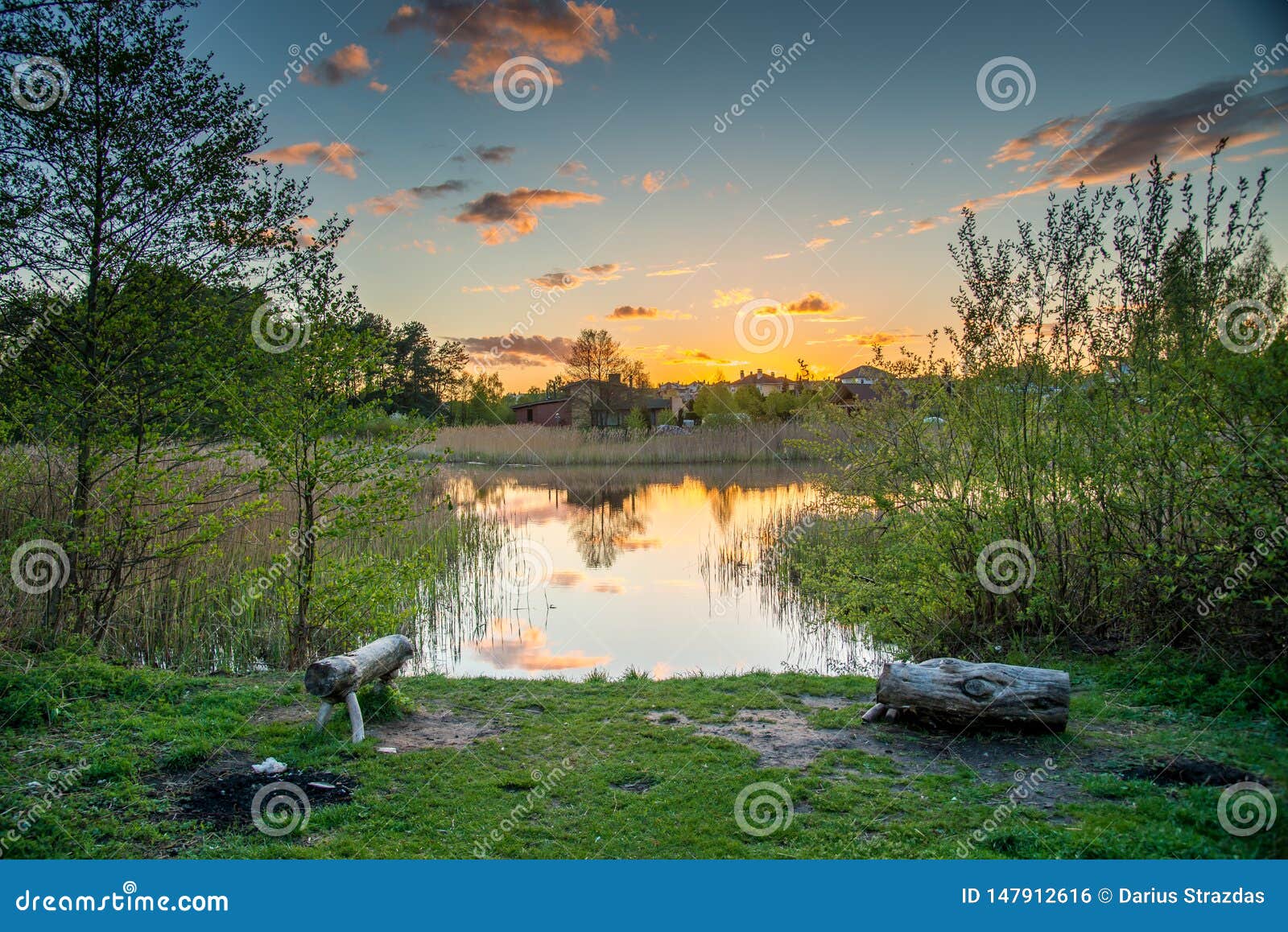 Spring landscape near lake stock photo. Image of sunrise - 147912616