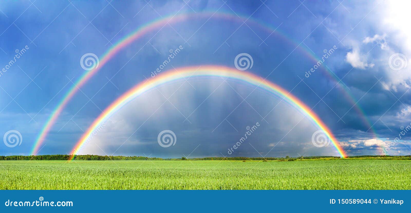 Spring Landscape Panorama with a Field and a Rainbow Above it Stock ...