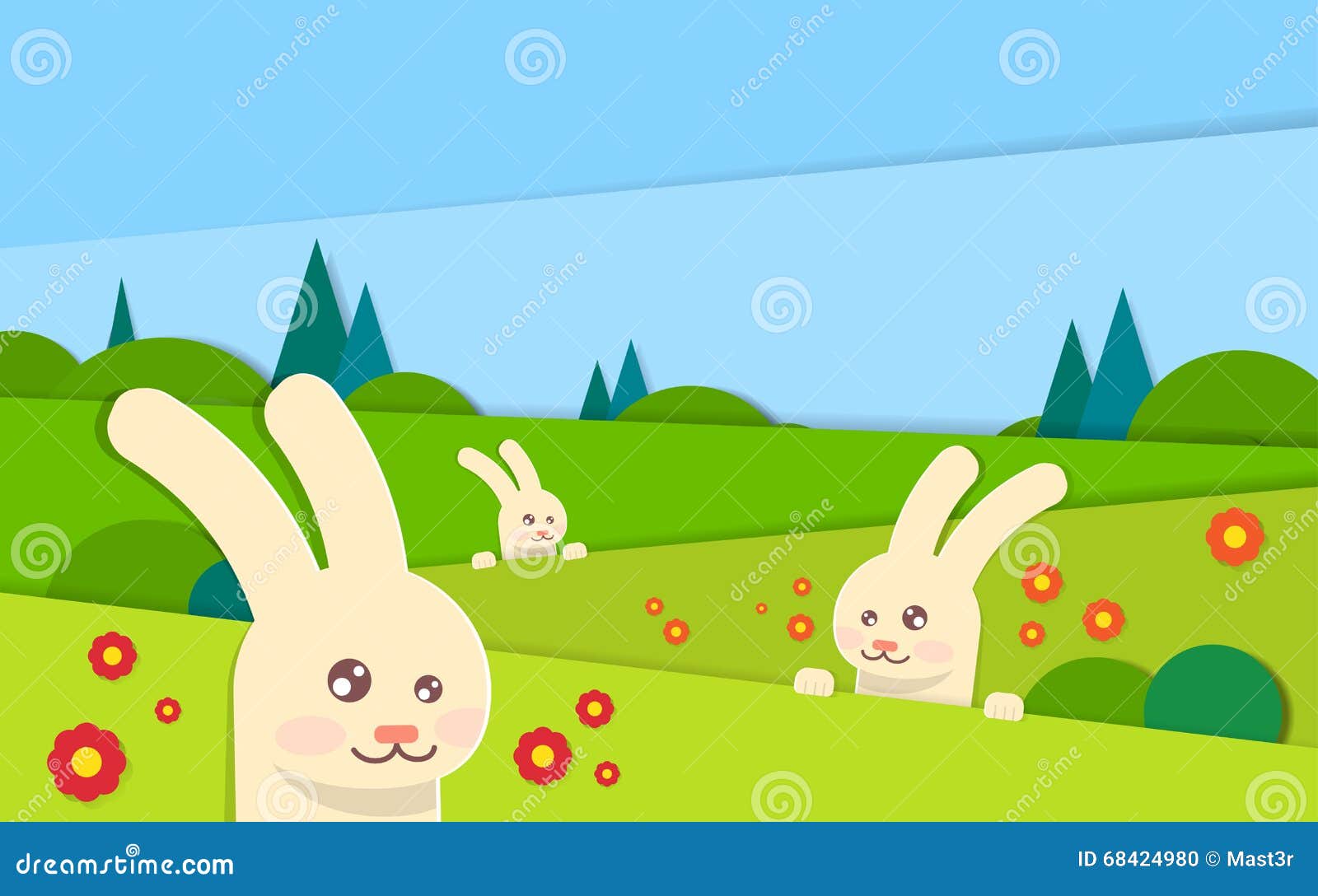 Spring Landscape Rabbit Bunny with Green Grass Blue Sky Easter Holiday ...