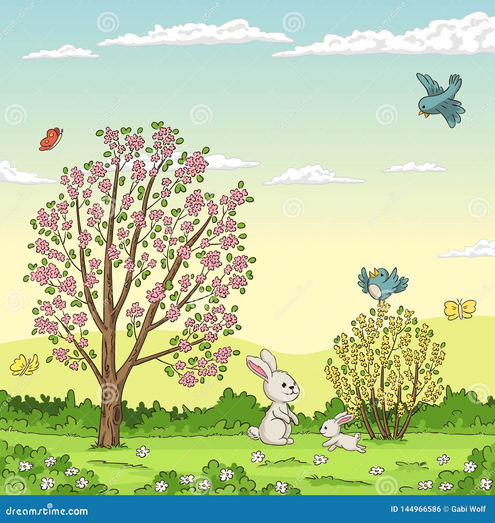 Spring Landscape with Rabbits Stock Vector - Illustration of fields ...