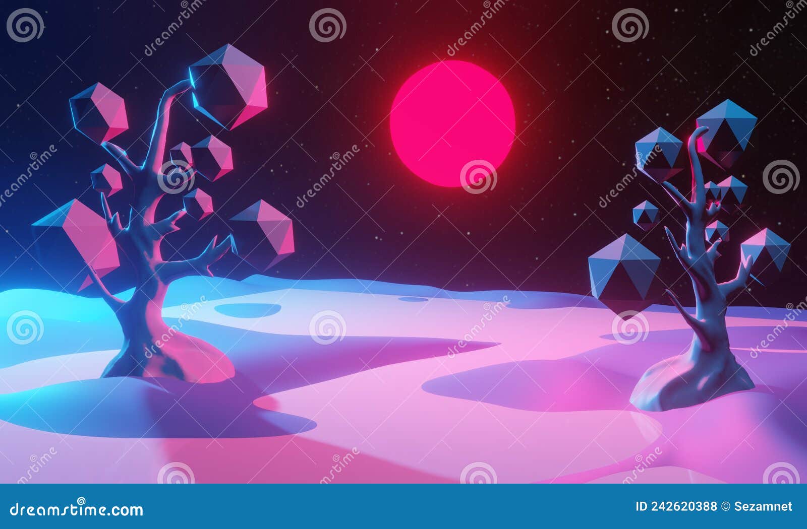 Spring Landscape with Red Sun Sunset Low Poly Trees 3d Graphics, 3d ...