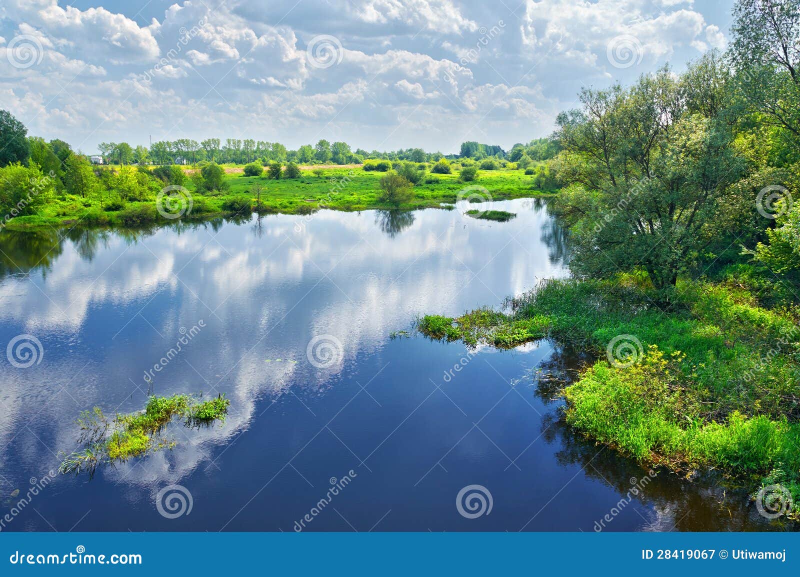 Spring Landscape with River and Clouds on the Blue Stock Image - Image ...