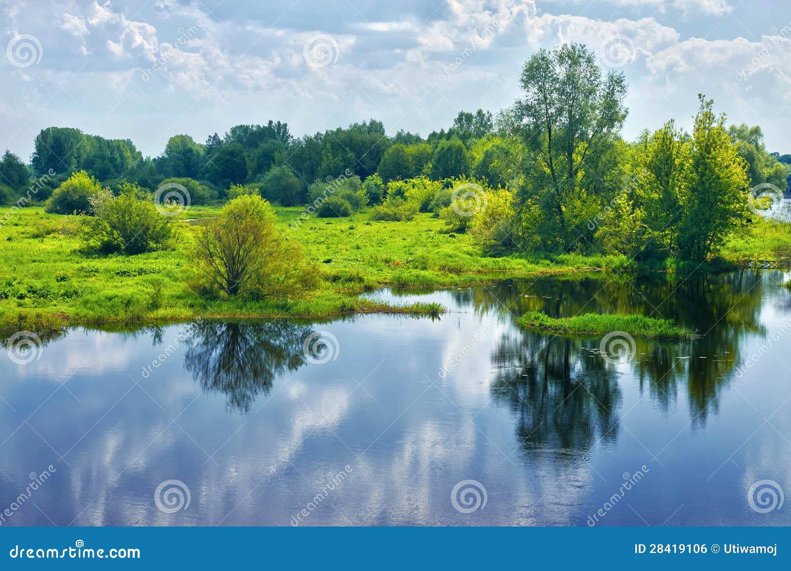 Spring Landscape with River and Clouds on the Blue Sky Stock Photo ...
