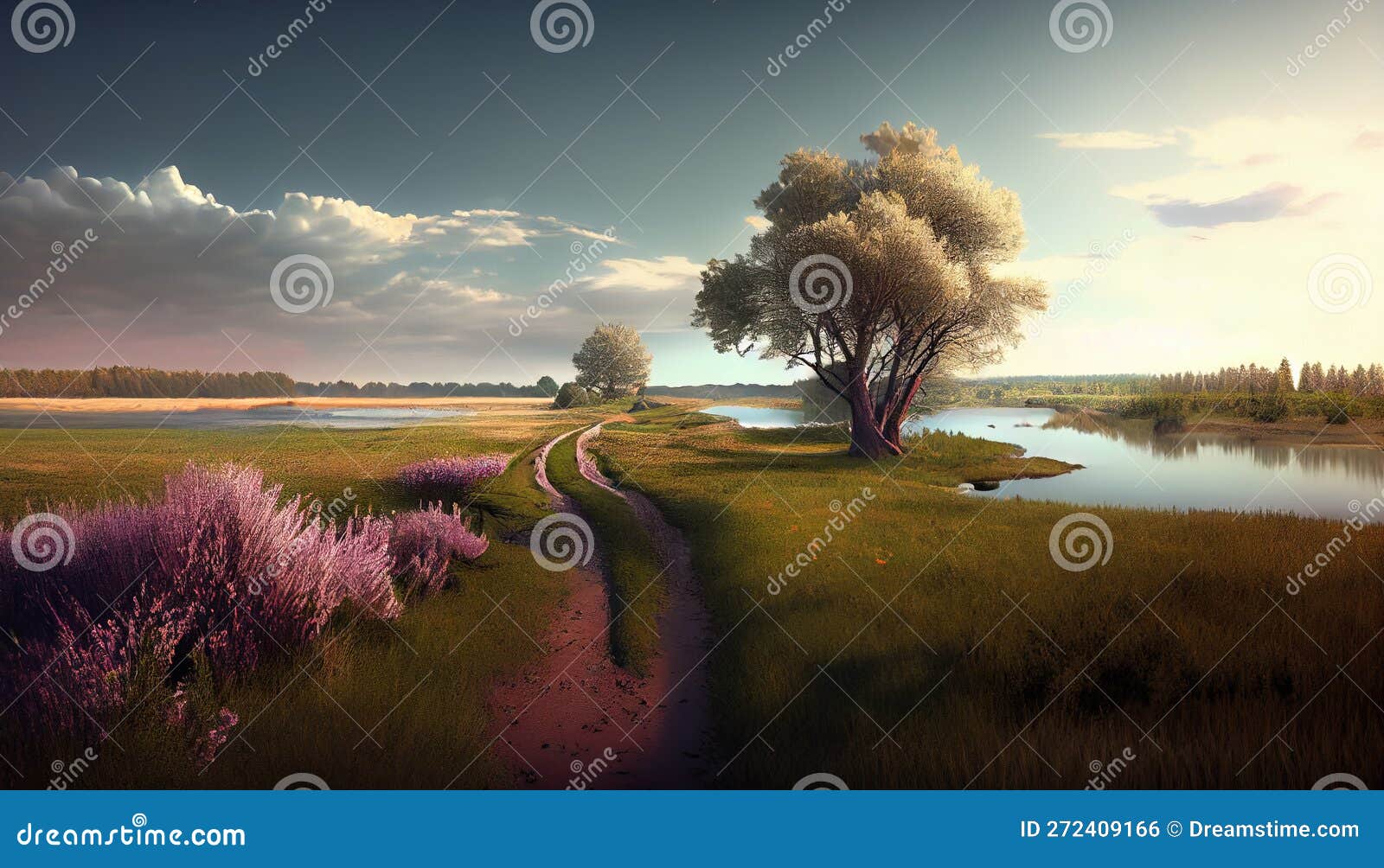 A Spring Landscape with a River and Trees and a Blue Sky with the Sun ...
