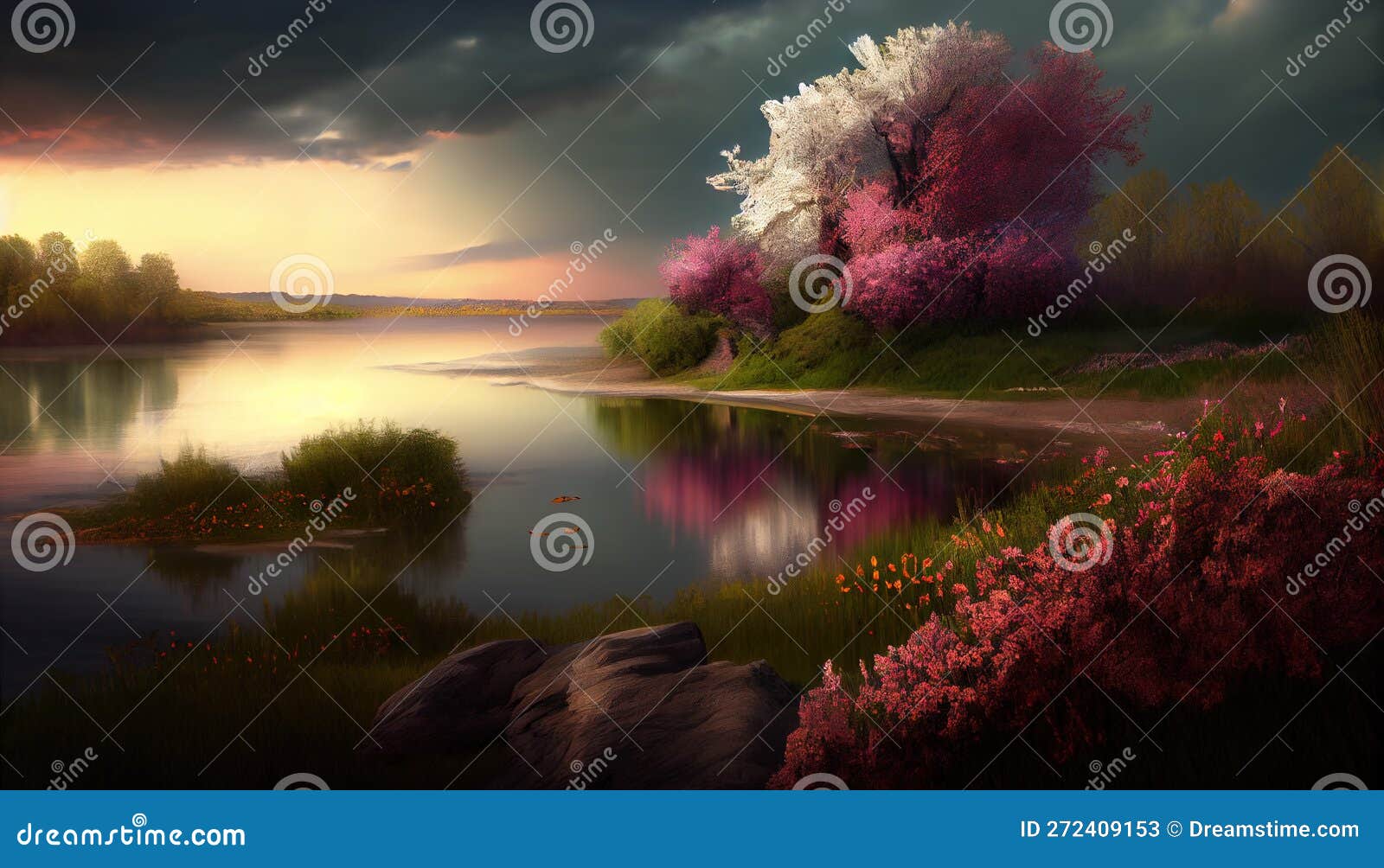 A Spring Landscape with a River and Trees and a Blue Sky with the Sun ...