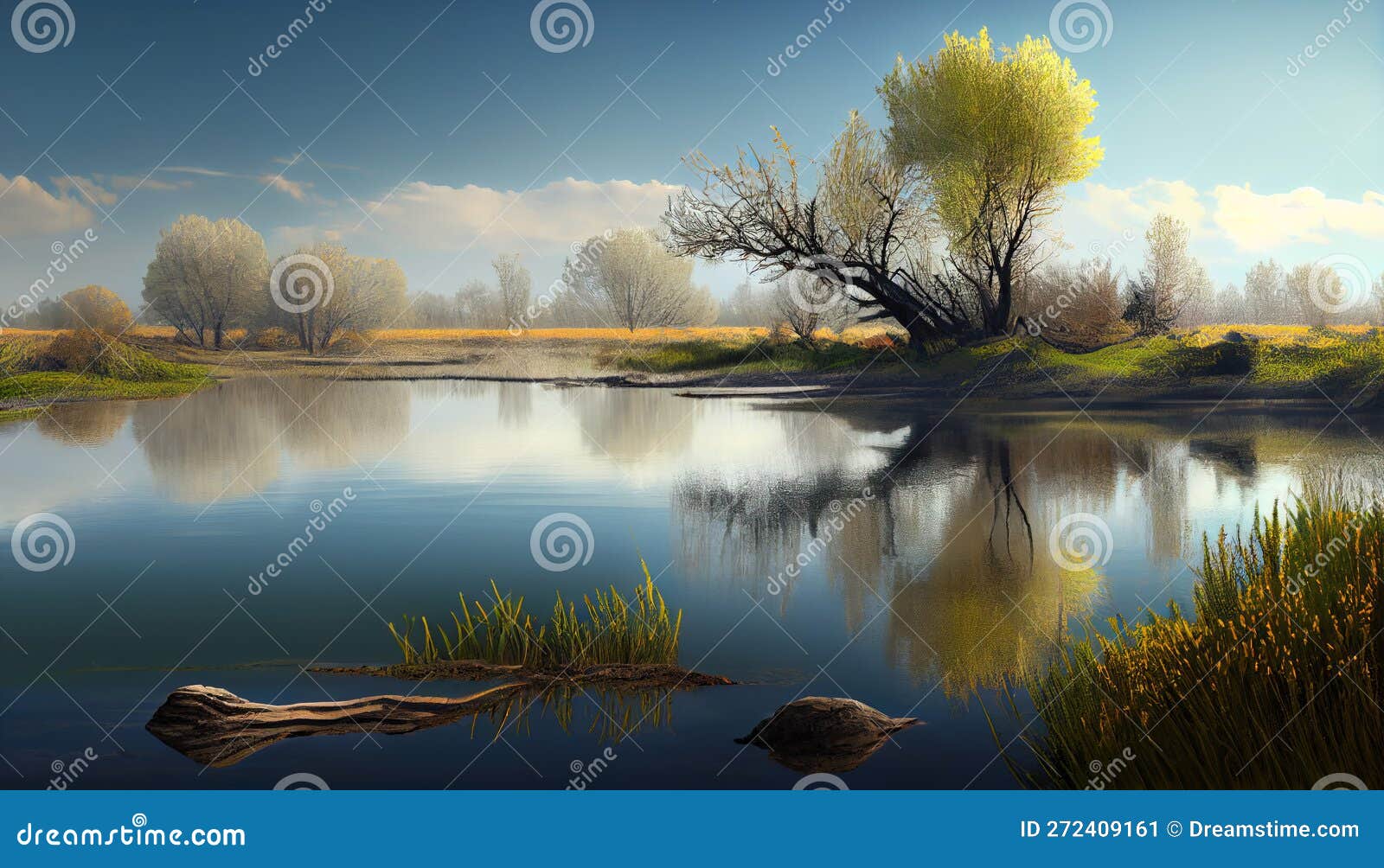 A Spring Landscape with a River and Trees and a Blue Sky with the Sun ...