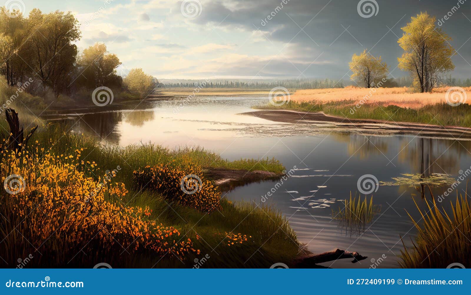 A Spring Landscape with a River and Trees and a Blue Sky with the Sun ...