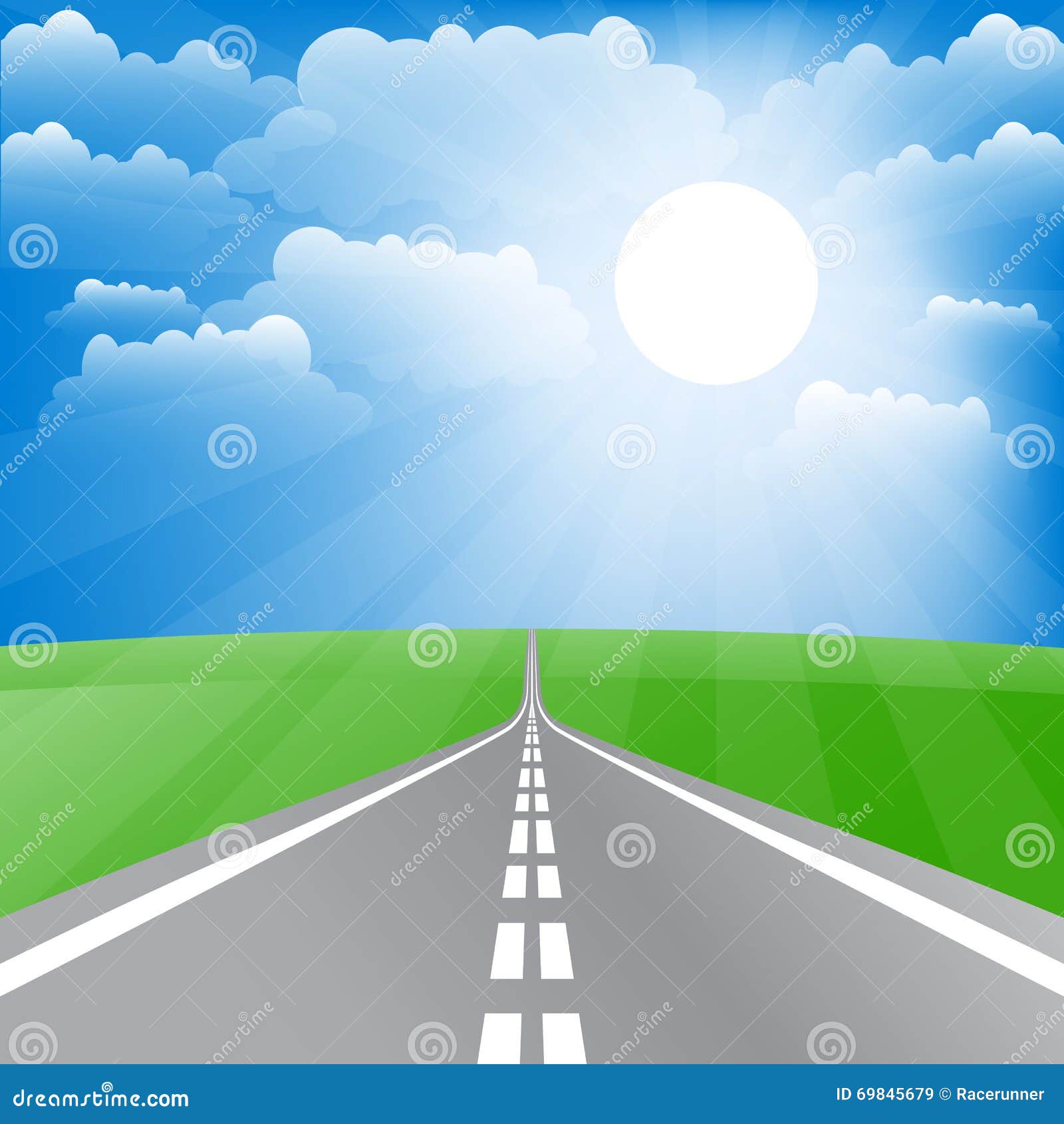 Spring Landscape with Road and Sun. Stock Vector - Illustration of ...
