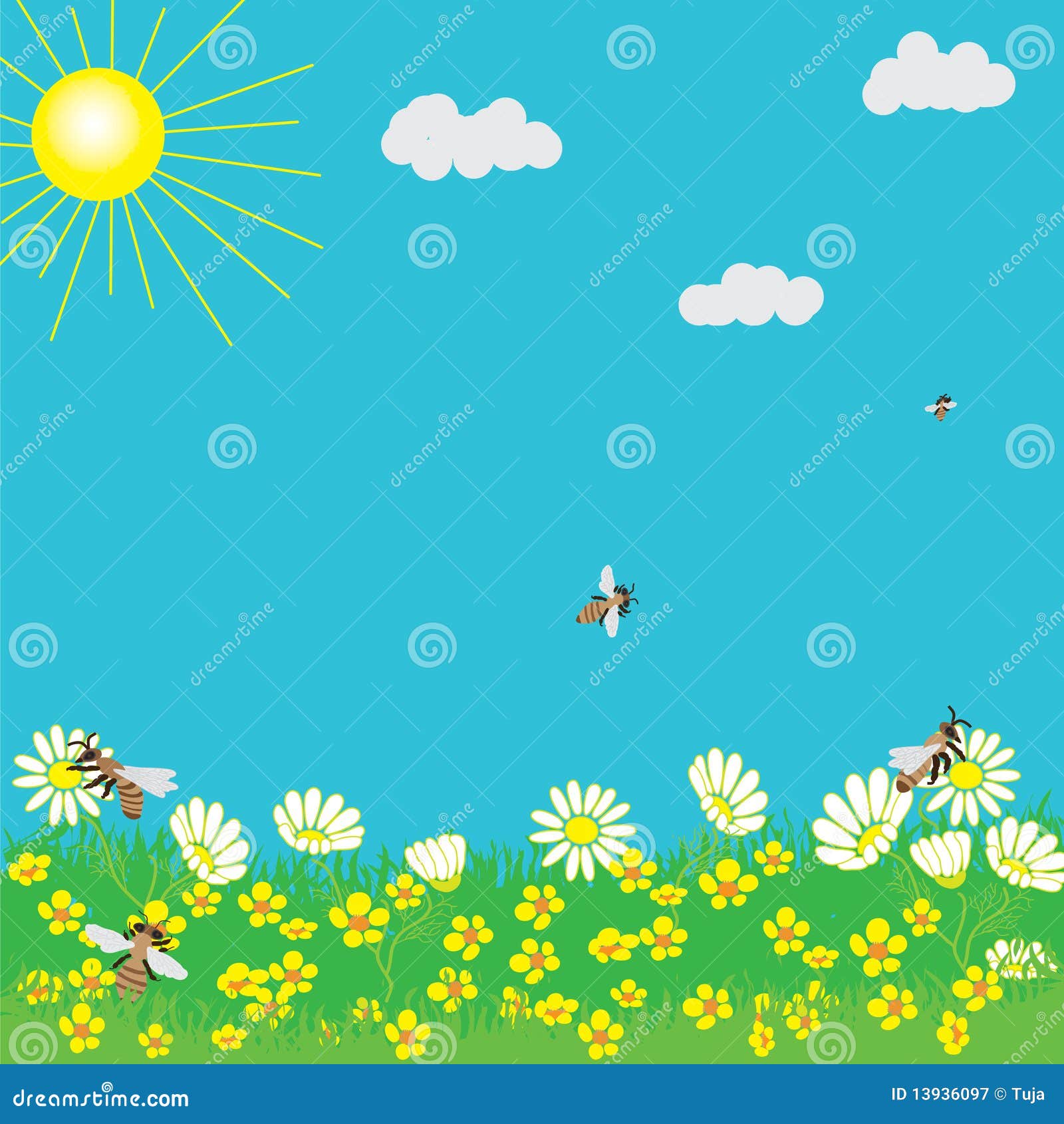 Spring Landscape with Sun, Grass, Flowers and Bees Stock Vector ...
