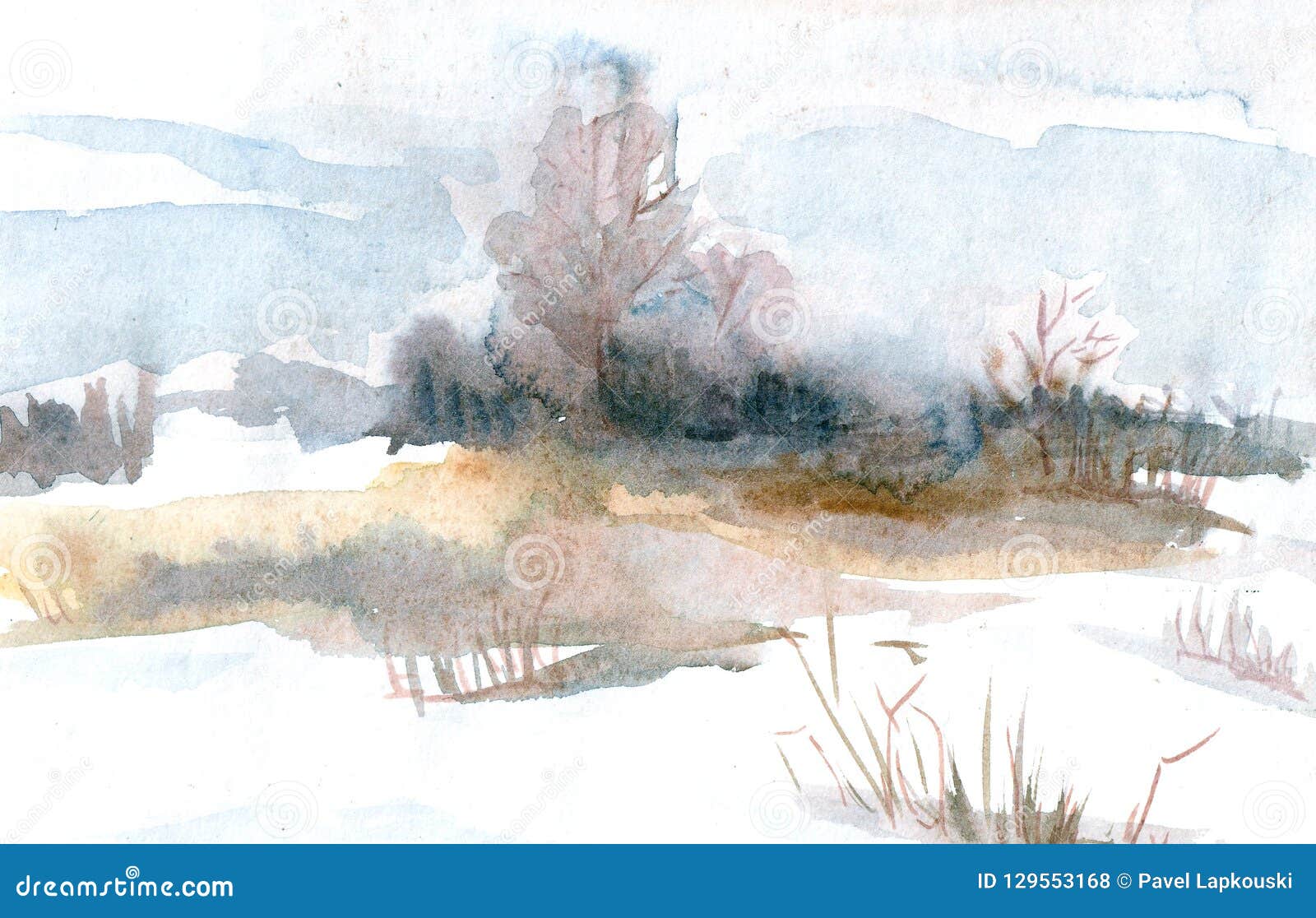 Spring Landscape with Trees on the Field. Watercolor Illustration ...