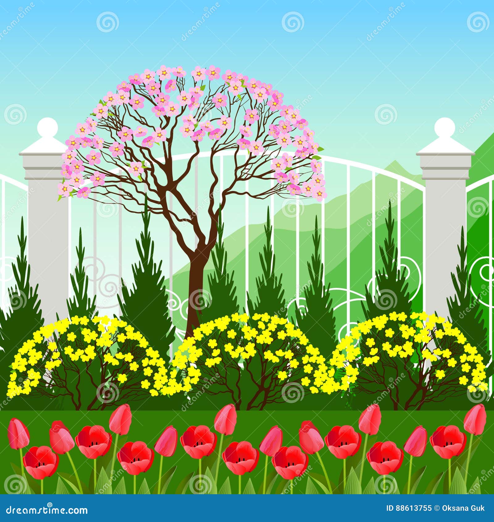Spring Landscape with Tulip Flowers. Stock Vector - Illustration of ...