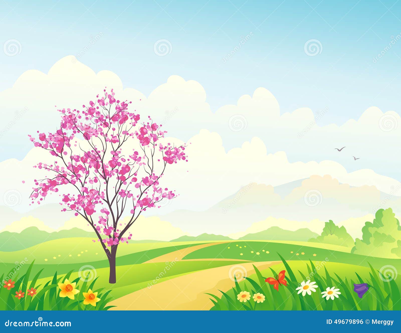 Spring landscape stock vector. Illustration of blossoming - 49679896