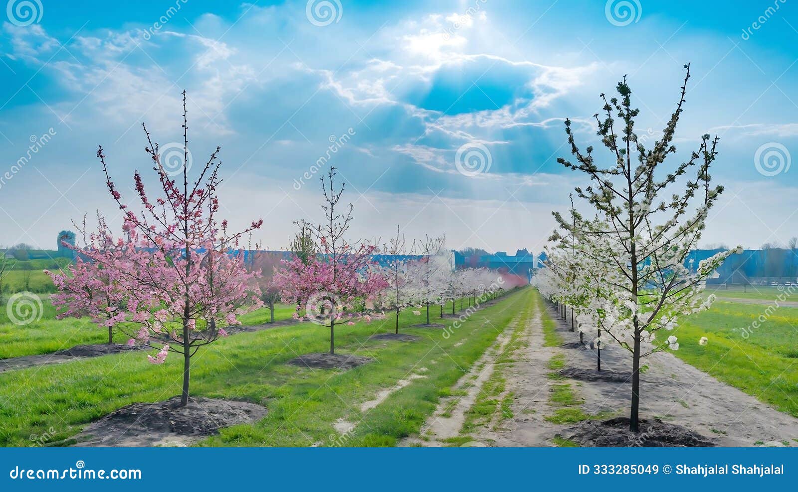 Spring Landscape with Young Trees and Sun Rays on Blue Sky Background ...