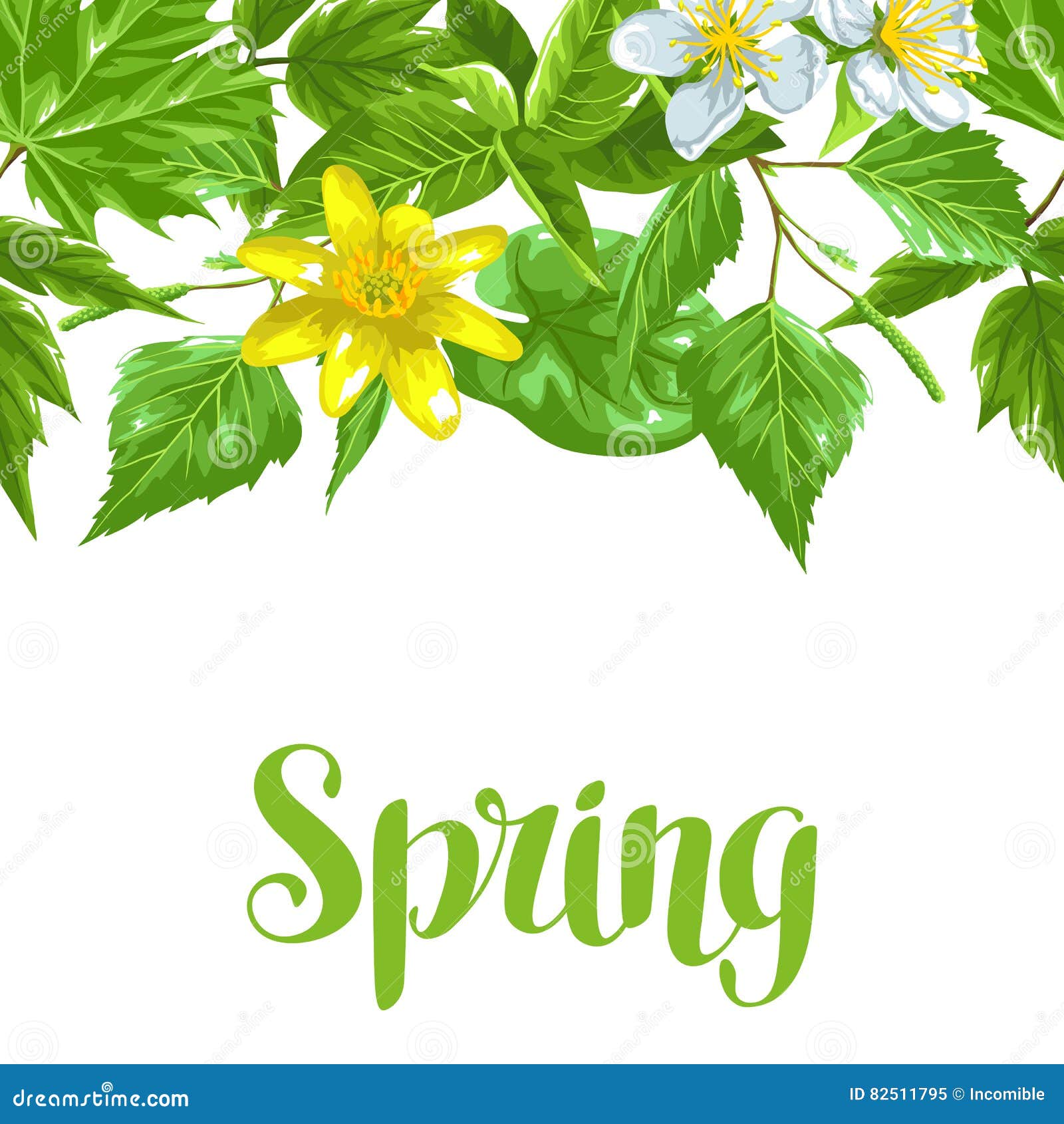 Spring Leaves and Flowers. Seamless Border with Plants Stock Vector ...