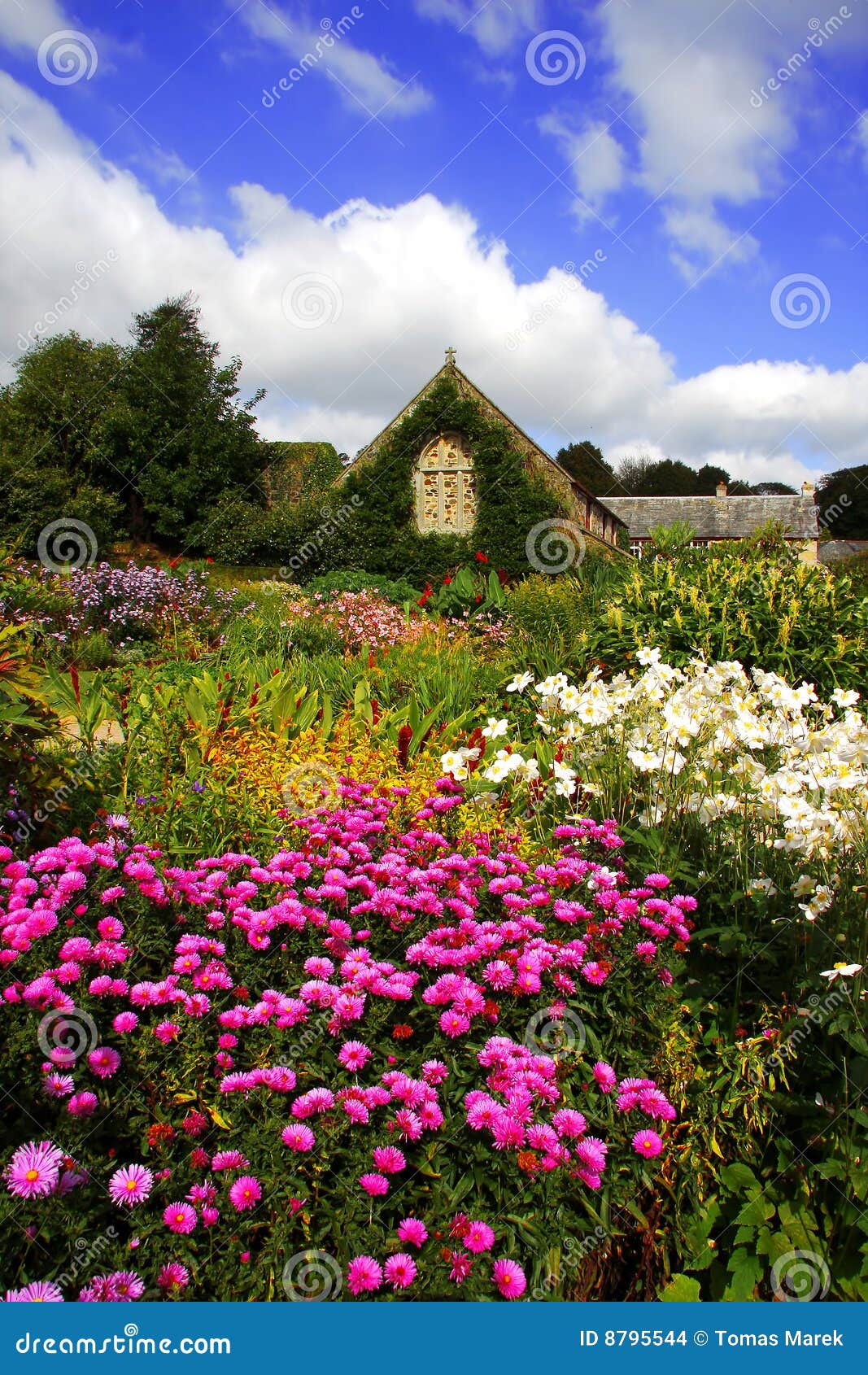 Spring Magic Garden with Flowers and House, Lanhyd Editorial Stock ...
