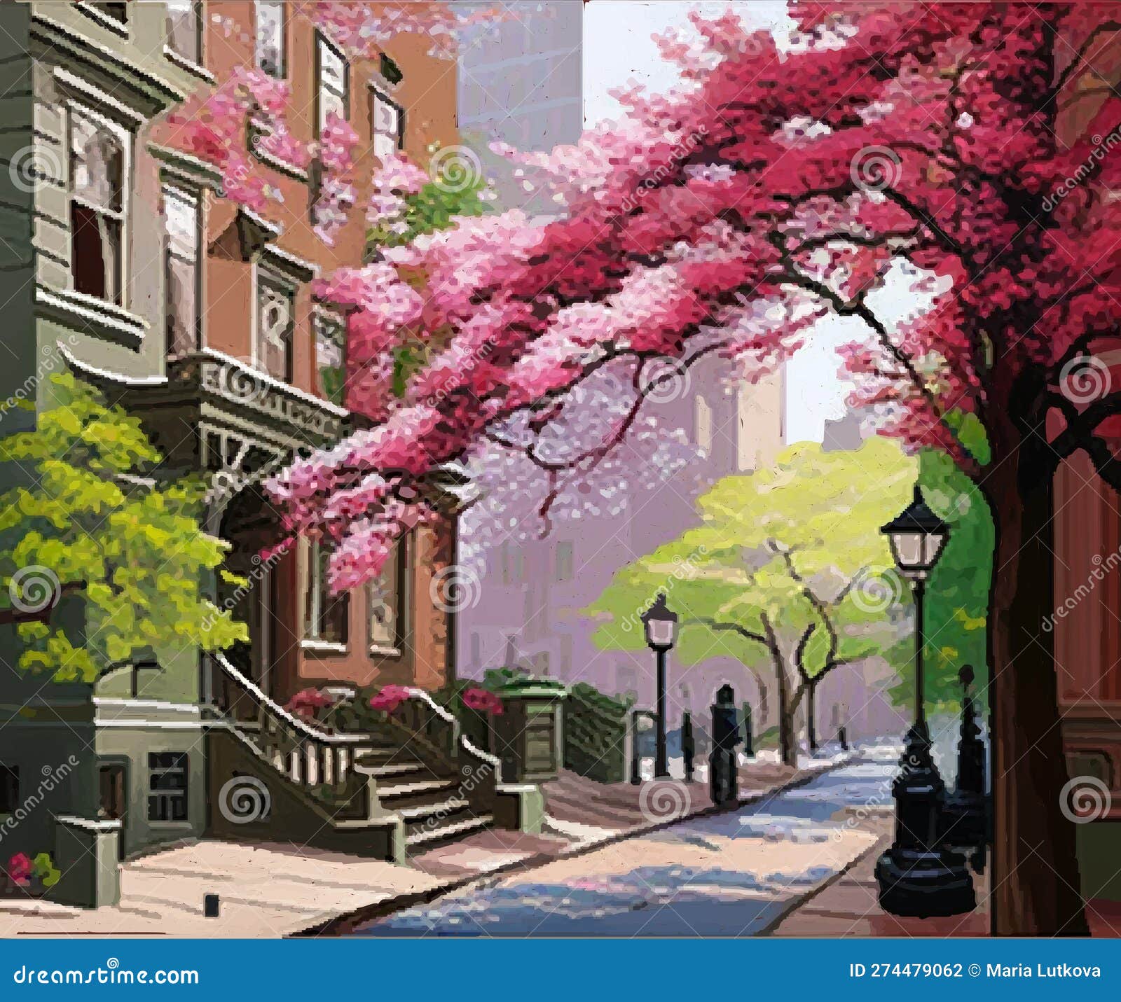 Spring in Manhattan Vector Landscape Illustration, Background Stock ...