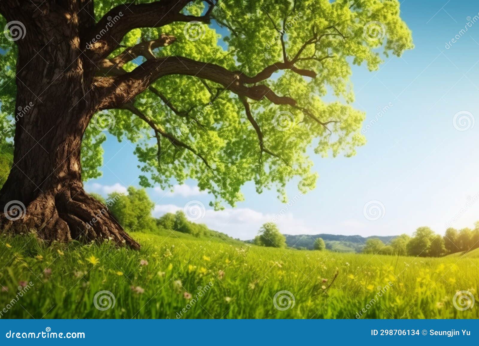 Spring Meadow with Big Tree with Fresh Green Leaves. Stock Illustration - Illustration of ...
