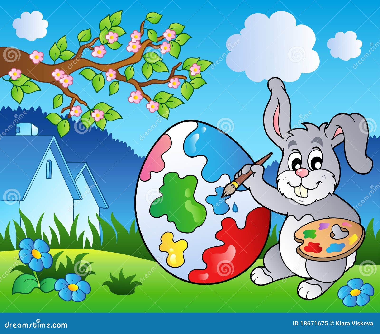 Spring Meadow with Bunny Artist Stock Vector - Illustration of bloom ...