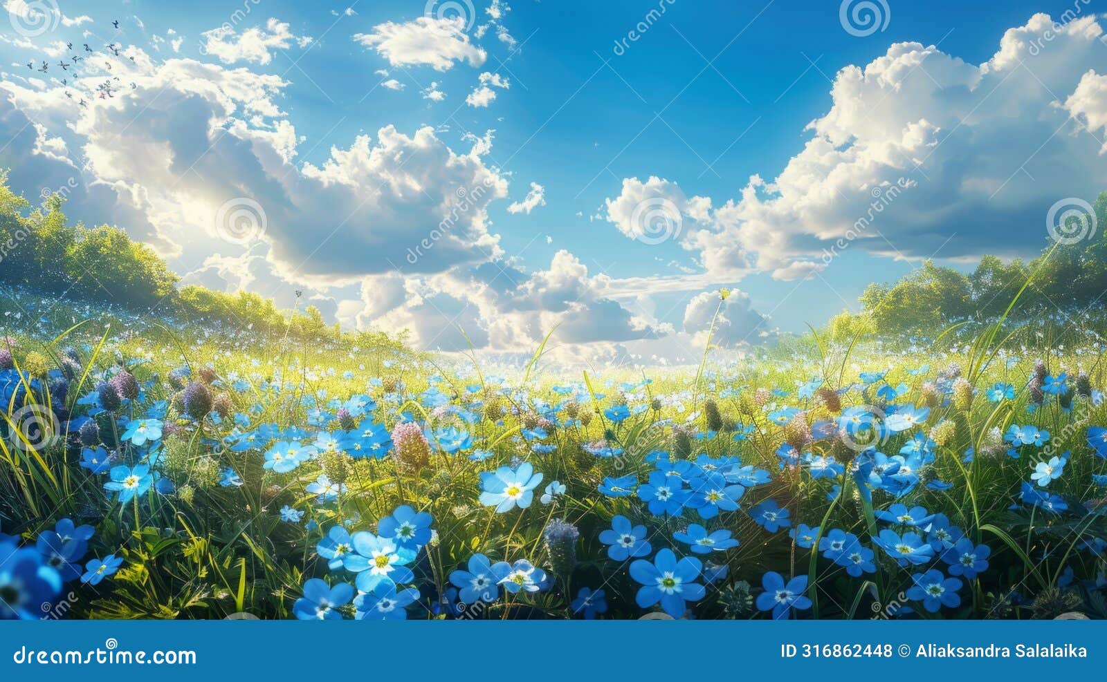 Spring Meadow Flowers, Forget-me-not Flowers in a Meadow Bloom Under ...