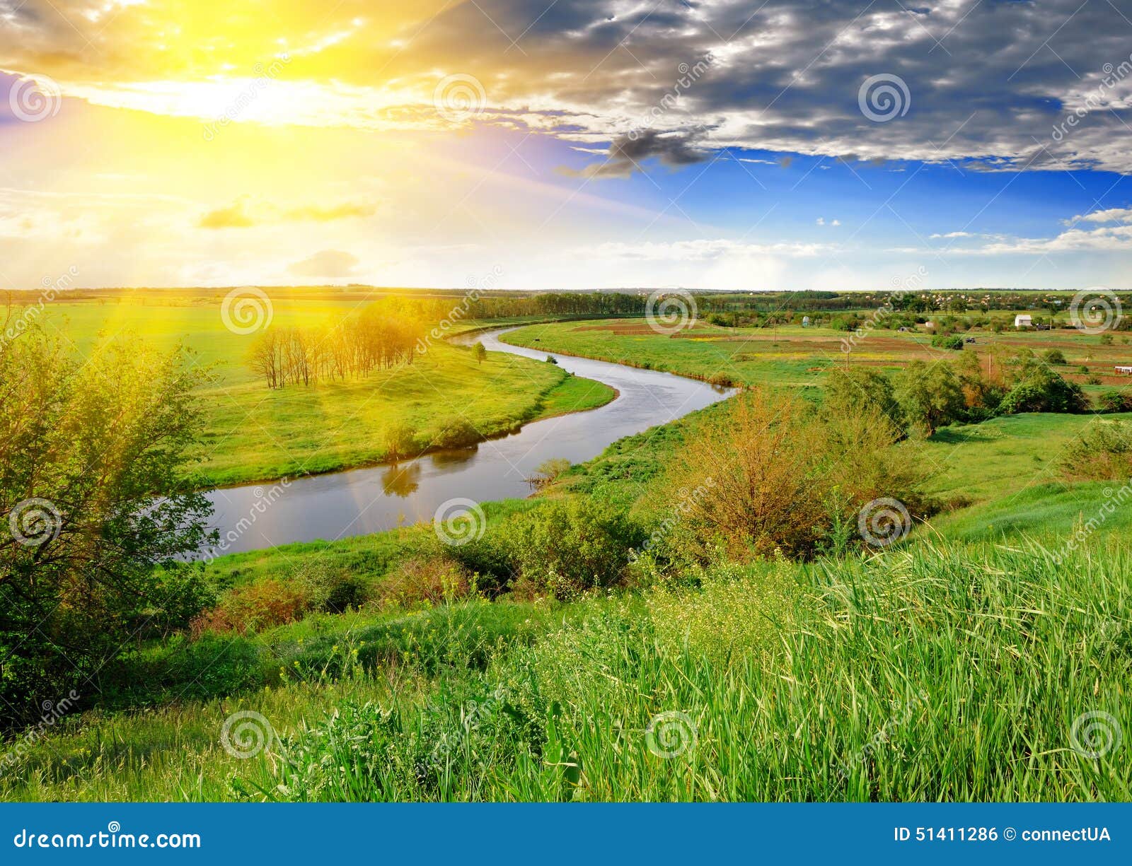 Spring Meadow and River in the Evening Stock Photo - Image of beauty ...