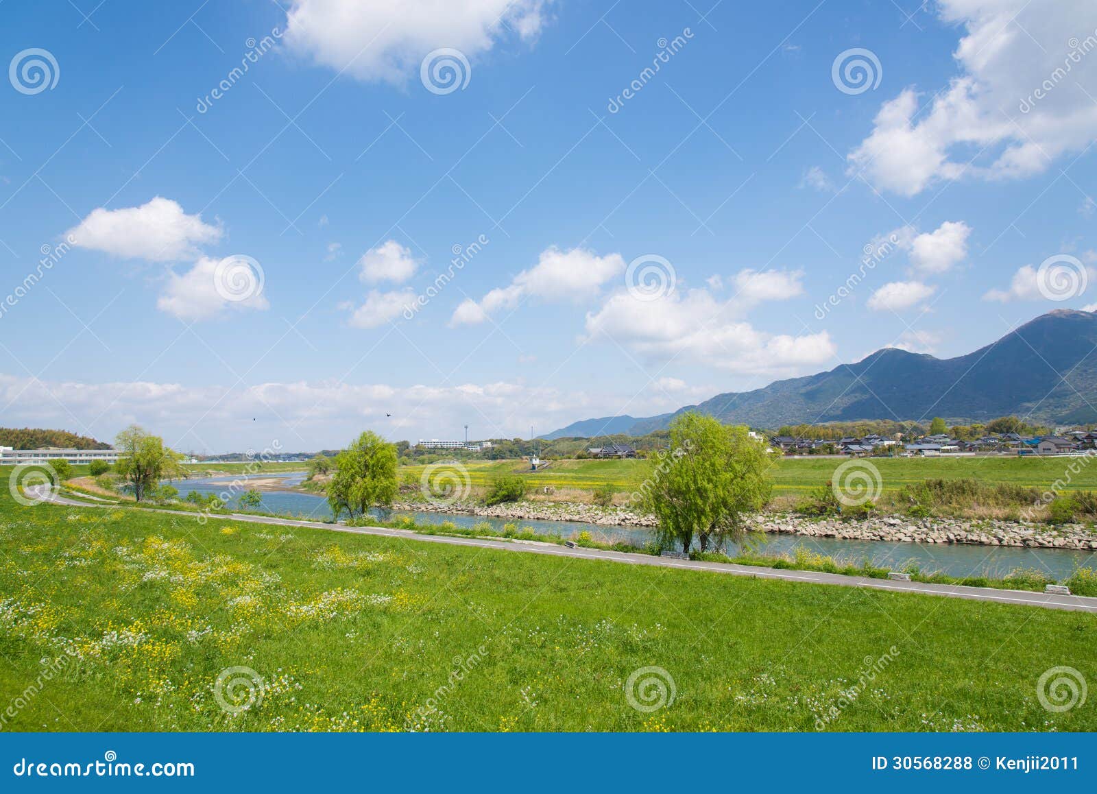 Spring meadow and river stock photo. Image of meadow - 30568288