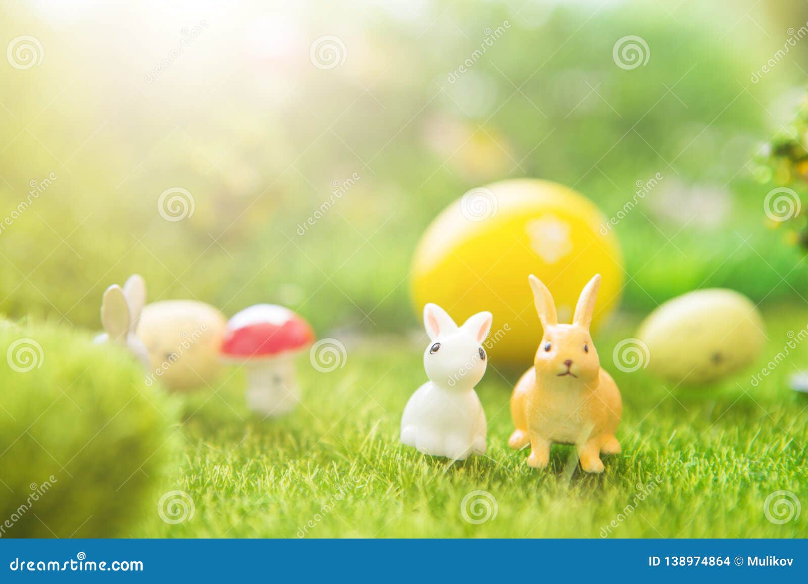 Spring Meadow with Two White Rabbit and Easter Eggs. Fairy Tale Stock ...