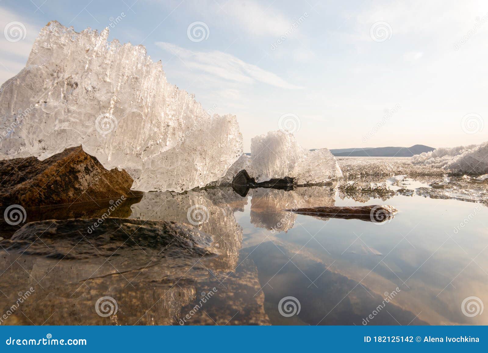 Spring Melting of Ice in the Lake, Reflection of Ice in the Water, Pre ...