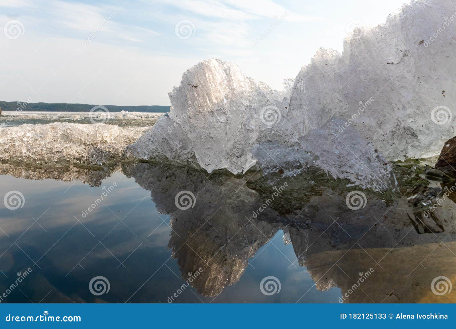 Spring Melting of Ice in the Lake, Reflection of Ice in the Water, Pre ...
