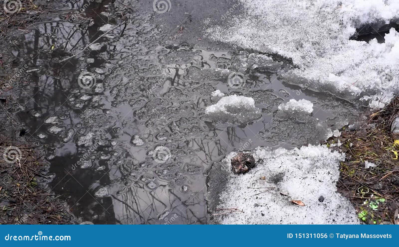 Spring Melting of Ice and Snow Forming Puddles on a Cloudy Warm Day ...