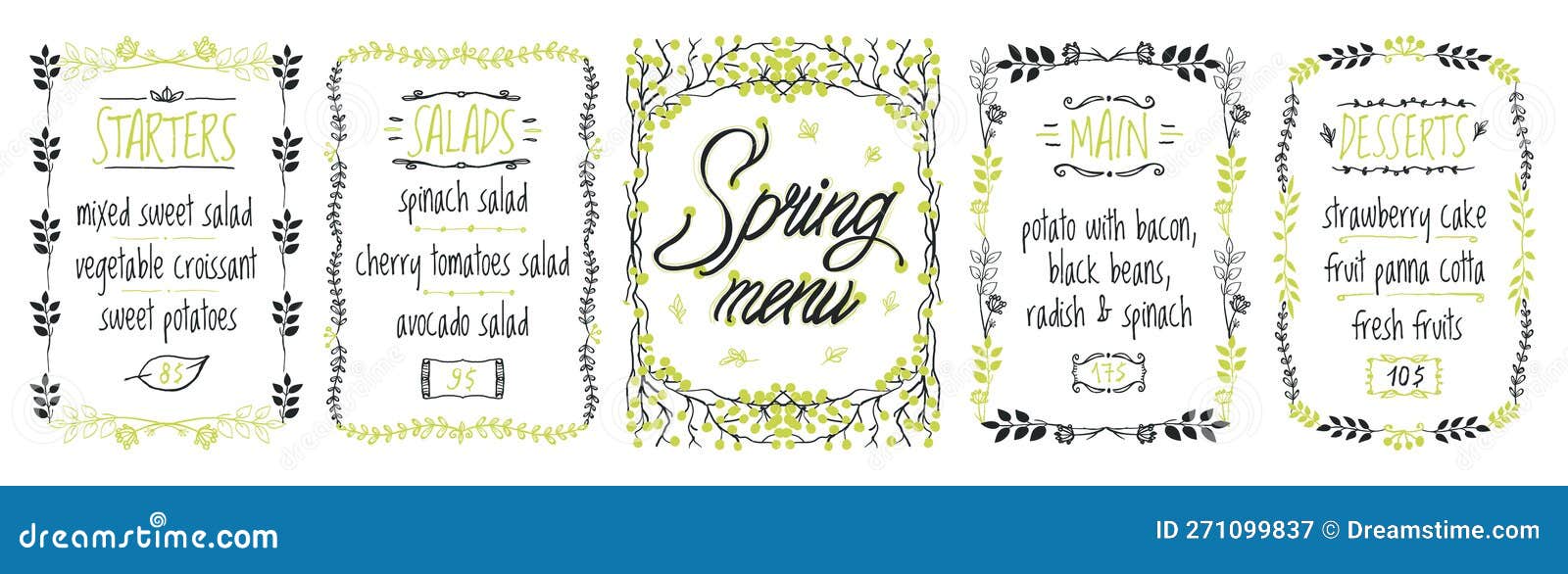 Spring Menu Board Vector Template with Starters Menu, Salads Menu, Main ...