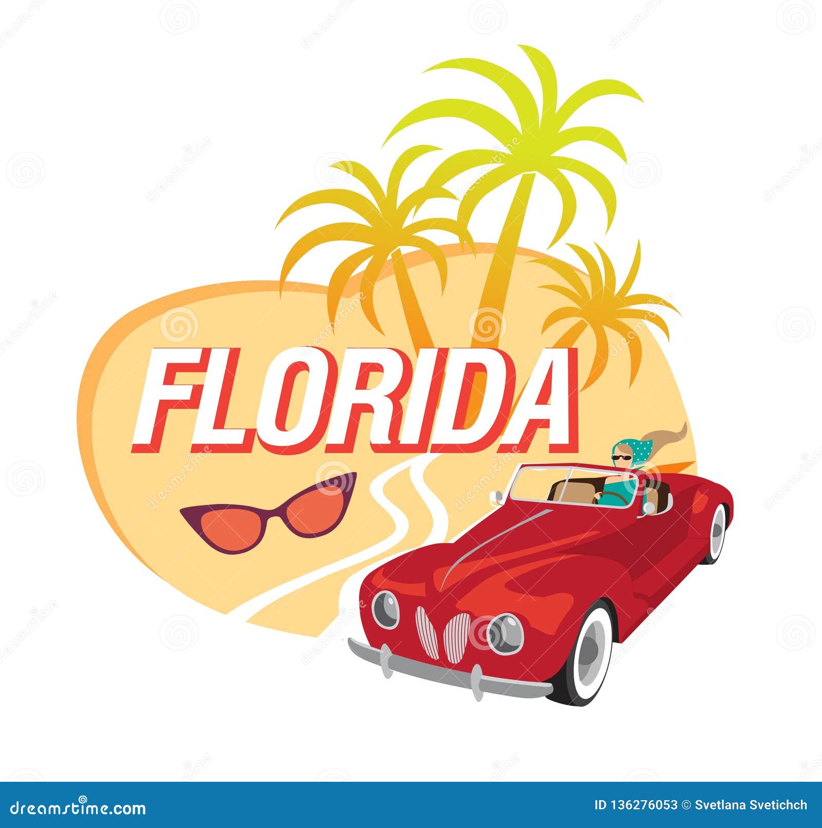 Florida Text with Palm Trees Vector Illustration and Girl in Red ...