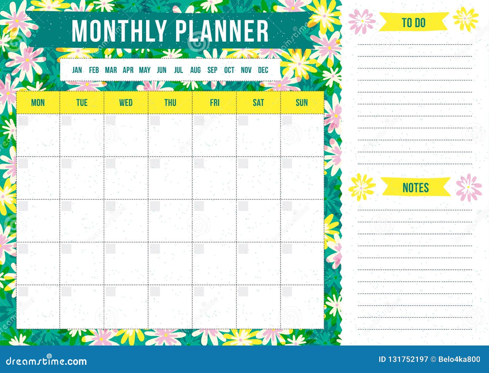 Spring Monthly Planner with Flower on Green Background. Stock Vector ...