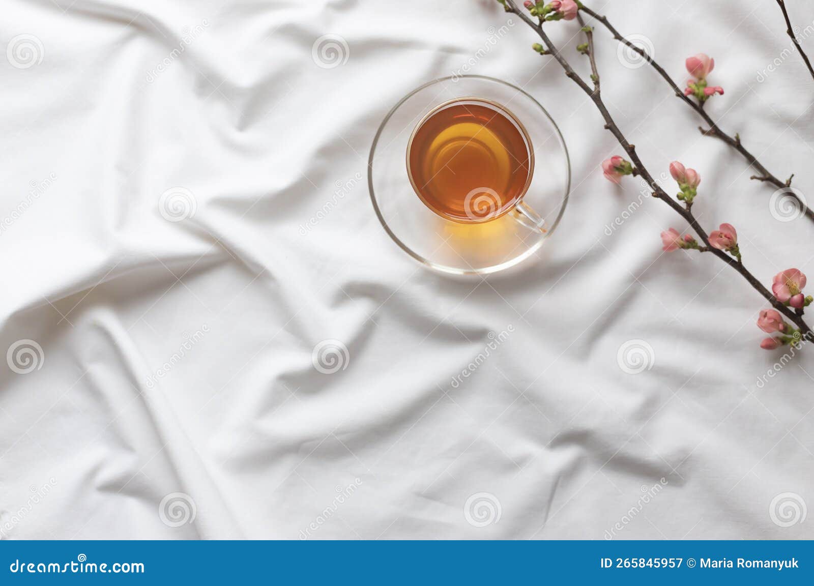 Spring Morning Breakfast Concept with a Cup of Green Tea on the White ...