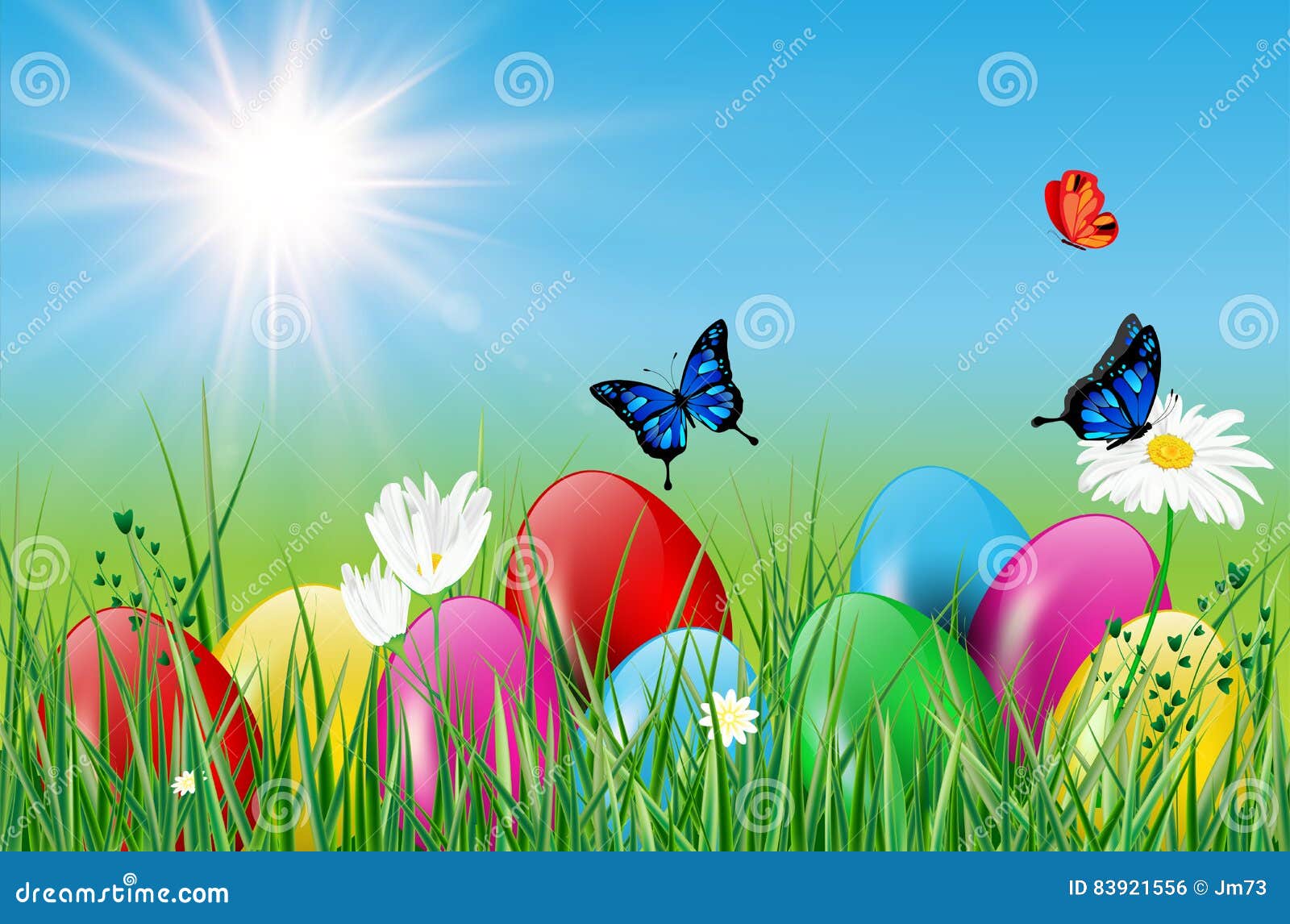 Spring Motive with Easter Eggs, Grass and Butterflies Stock Vector ...