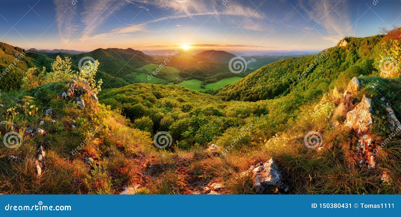 Spring Mountain Landscape Panorama with Forest and Sun Stock Image ...