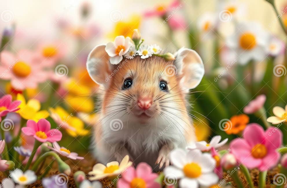 Spring Mouse with a Flower Crown at 9-12-2024 Stock Illustration ...