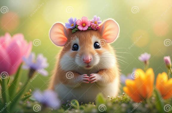 Spring Mouse with a Flower Crown at 9-12-2024 Stock Illustration ...