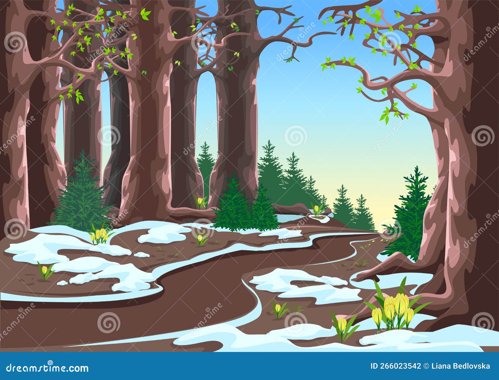 Spring Landscape with Big Trees, Forest, Melting Snow and First Flowers ...
