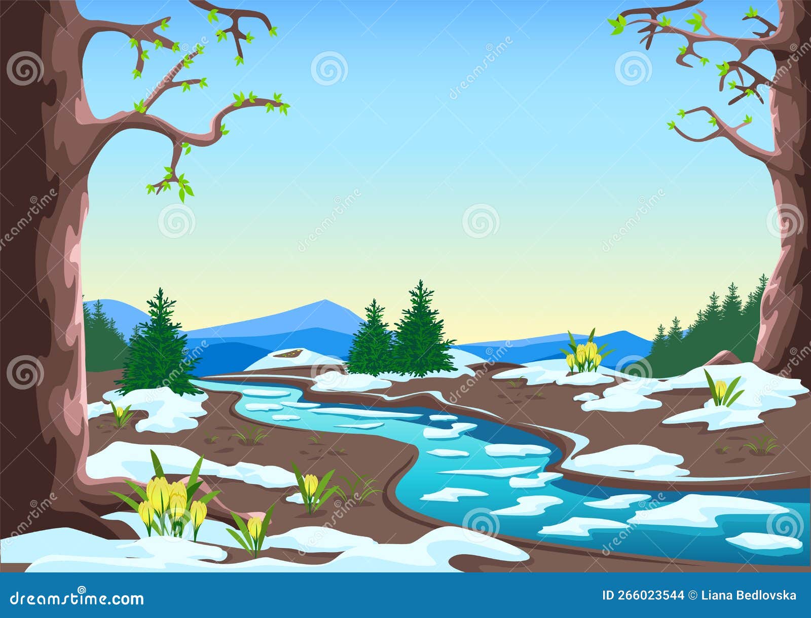 Spring Landscape with Big Trees, River, Forest, Melting Snow and First ...