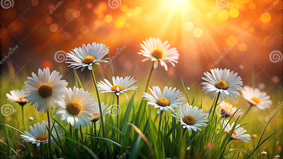 Spring Nature Daisies Flowers Banner or Header with Blurred Space for a ...