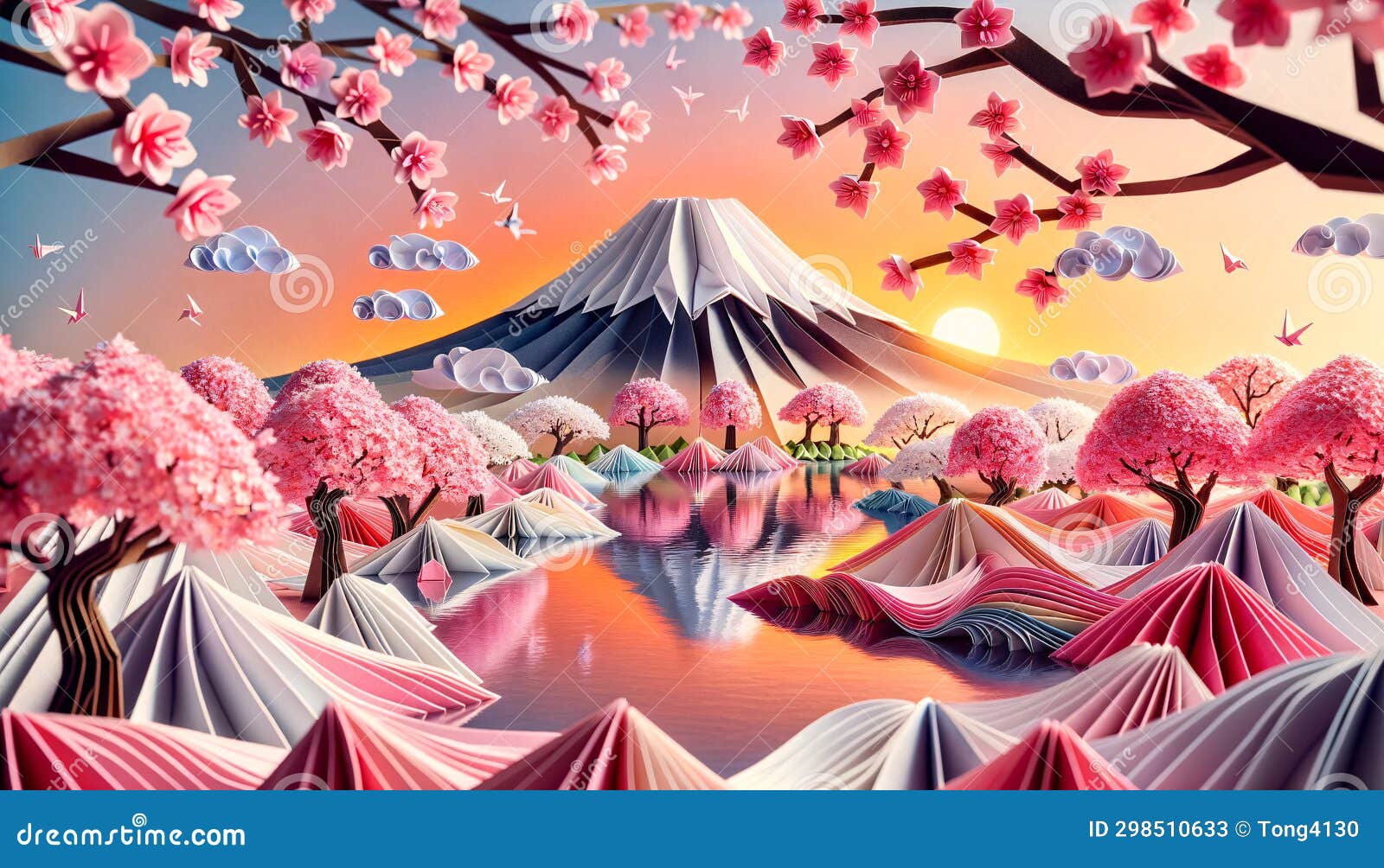 Spring Origami Art of Mount Fuji with Sakura and Waves Stock ...